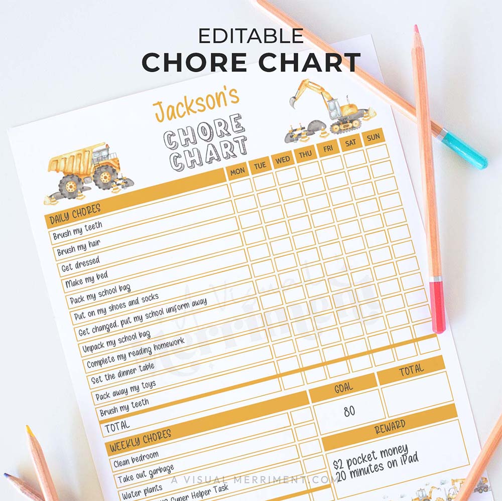 Watercolor Construction Chore Chart | Weekly Editable Template – A ...