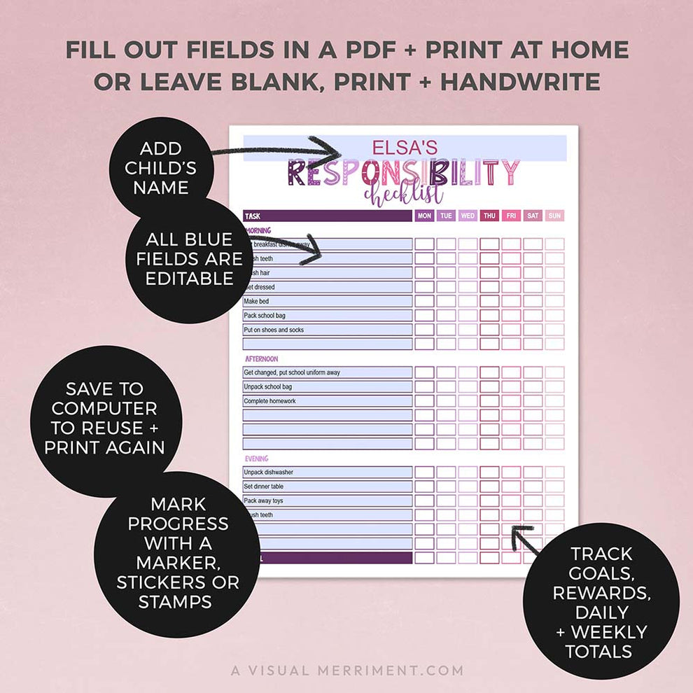 Purple Pink Responsibility Checklist | Editable Template – A Visual ...