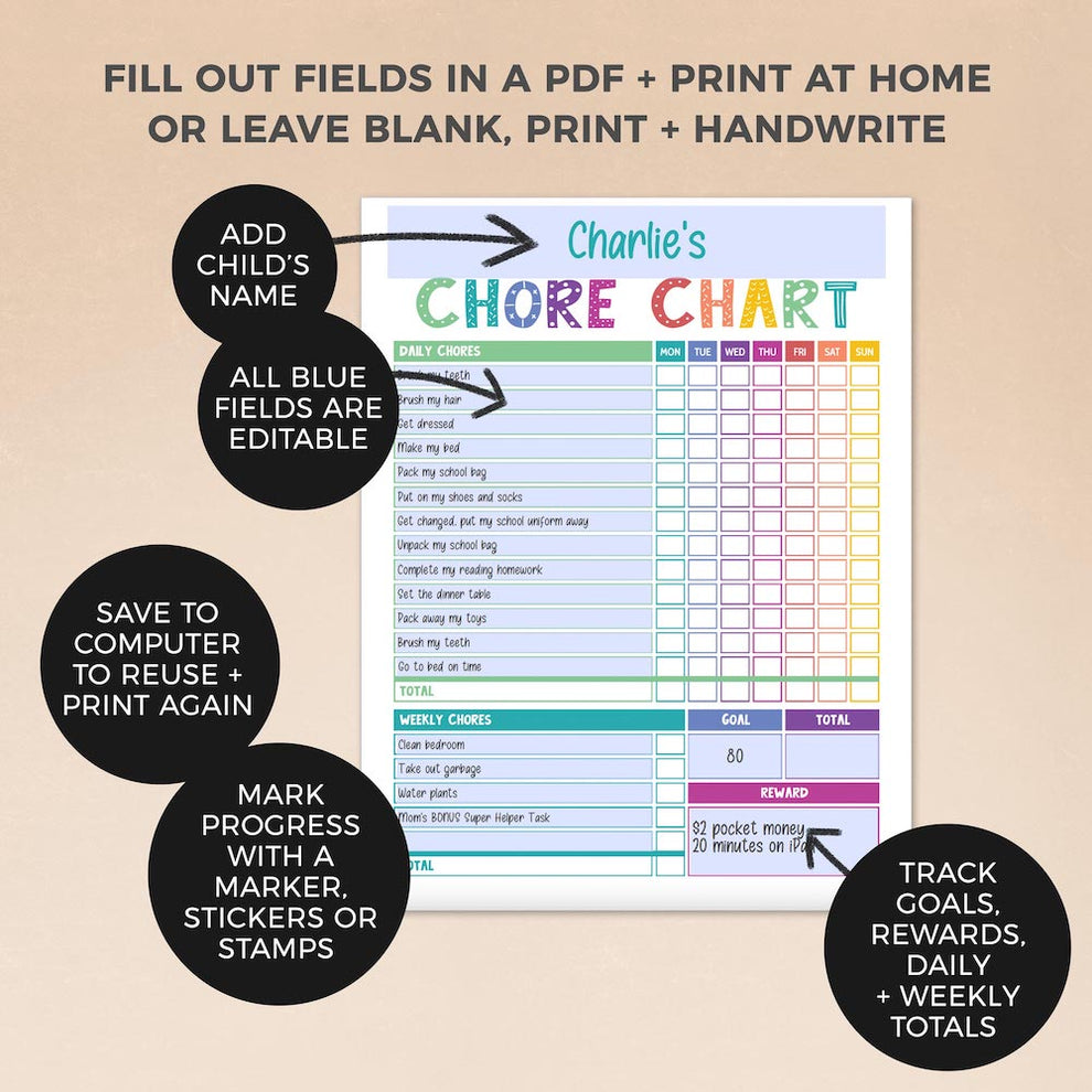 Rainbow Chore Chart Editable Bundle (3) – A Visual Merriment