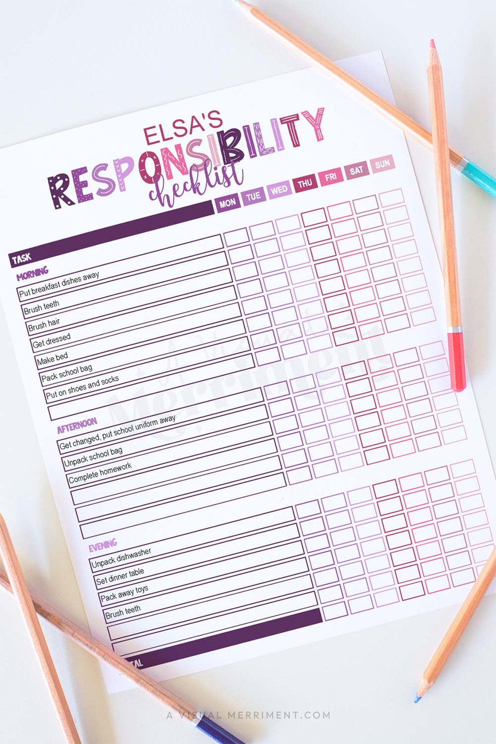 Purple Pink Responsibility Checklist | Editable Template – A Visual ...